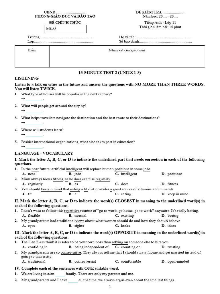 15-Minute English Test for Grade 11 | PDF | Human Communication