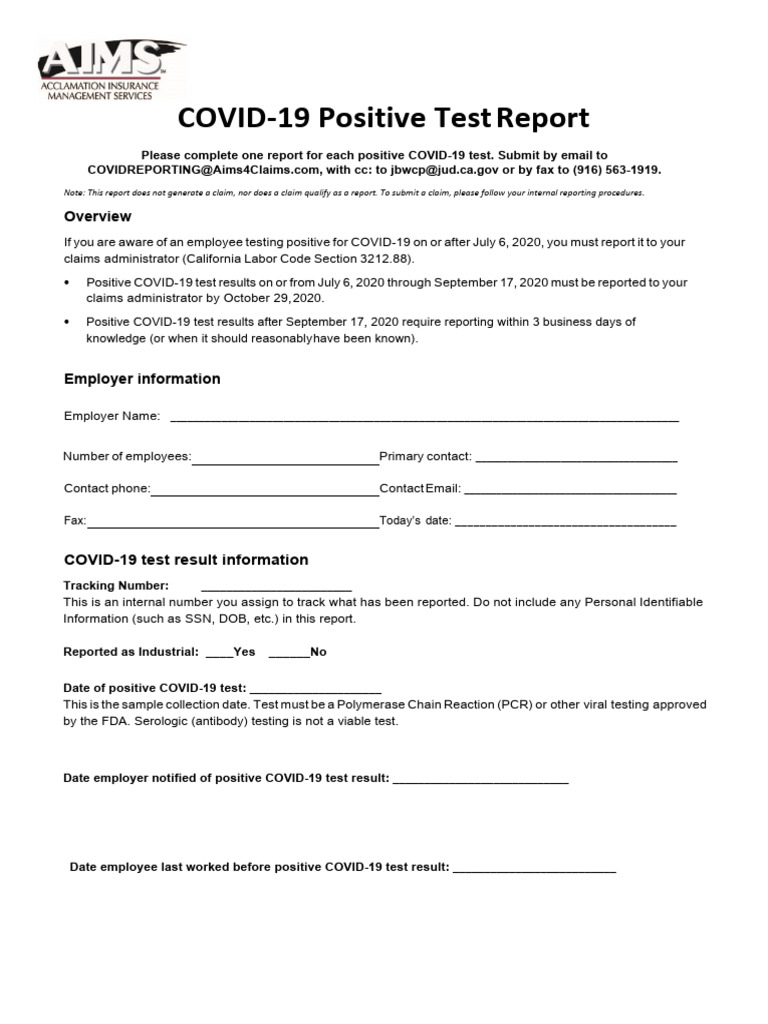 JBWCP Aims Covid-19 Positive Test Form | PDF | Immunology | Medical ...