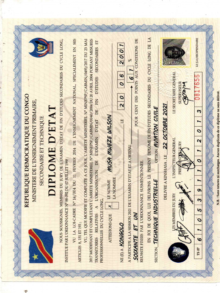 Diplôme D'état Musa Mwenze Wilson | PDF