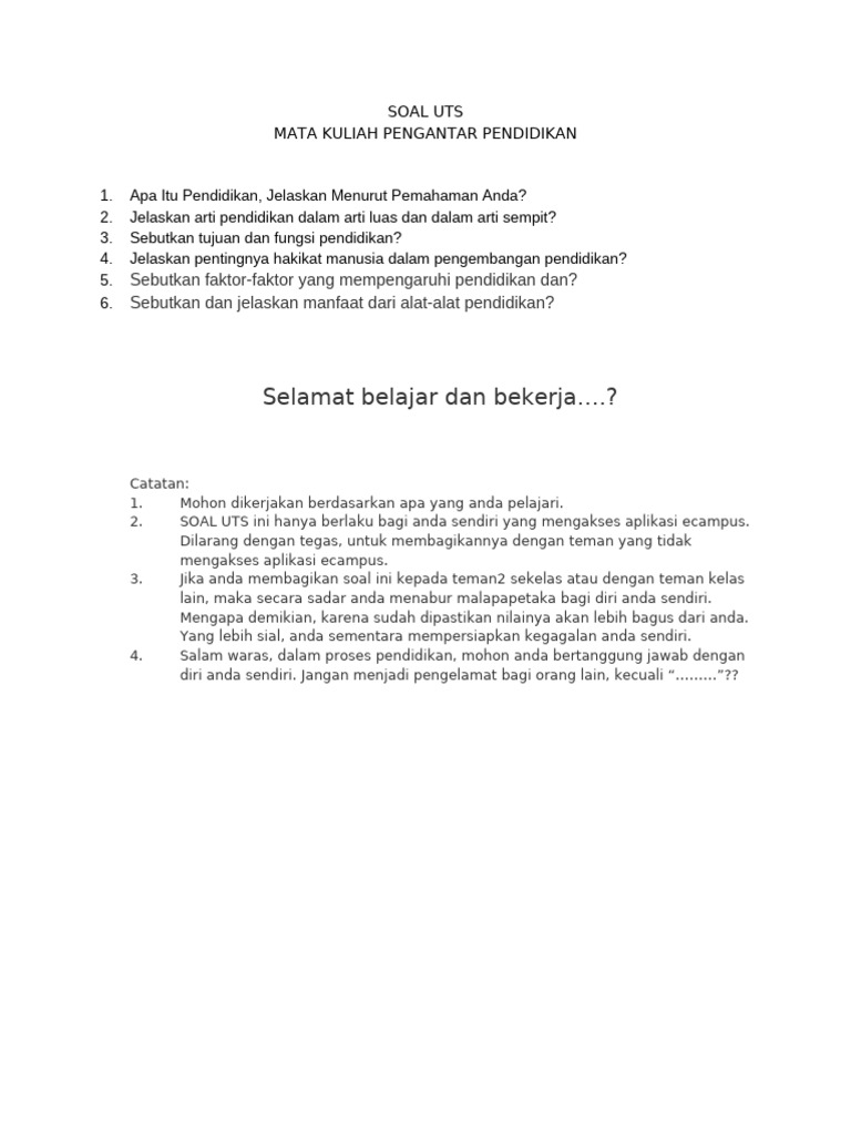 SOAL UTS. Pengantar Pendidikan | PDF