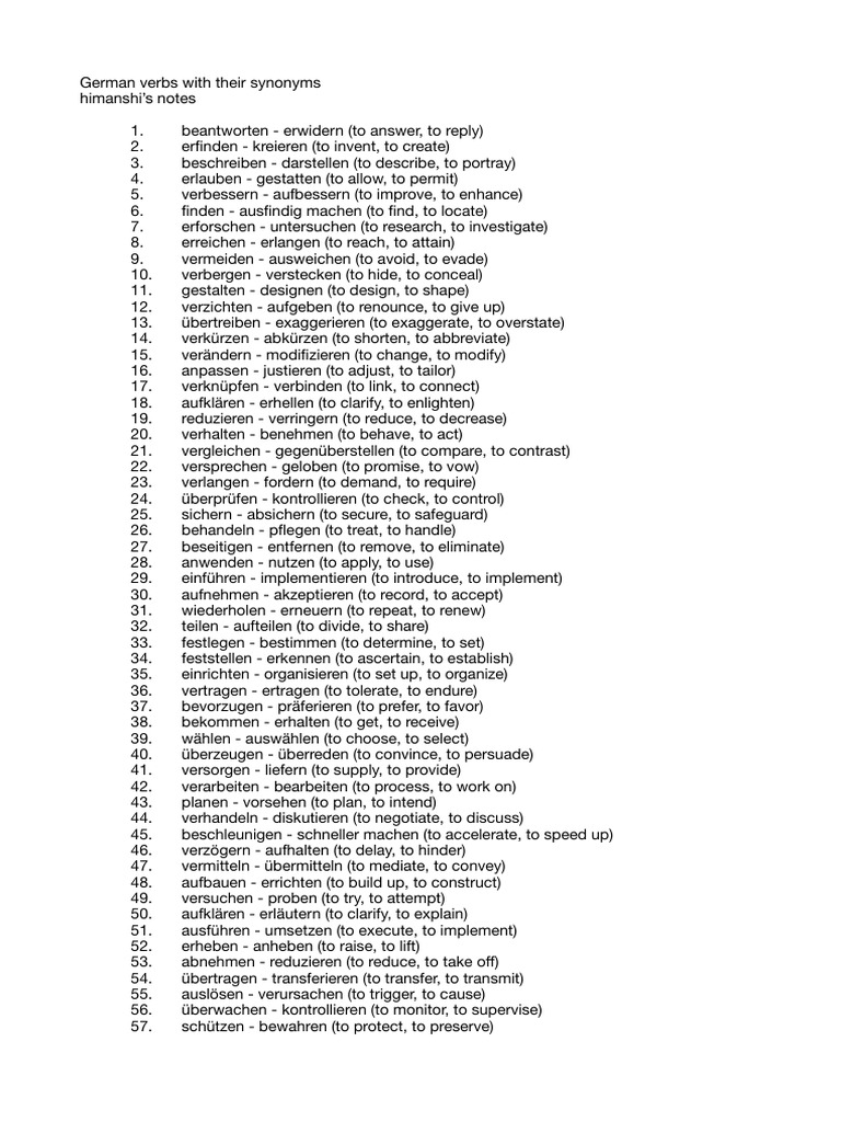 German Verbs With Their Synonyms | PDF