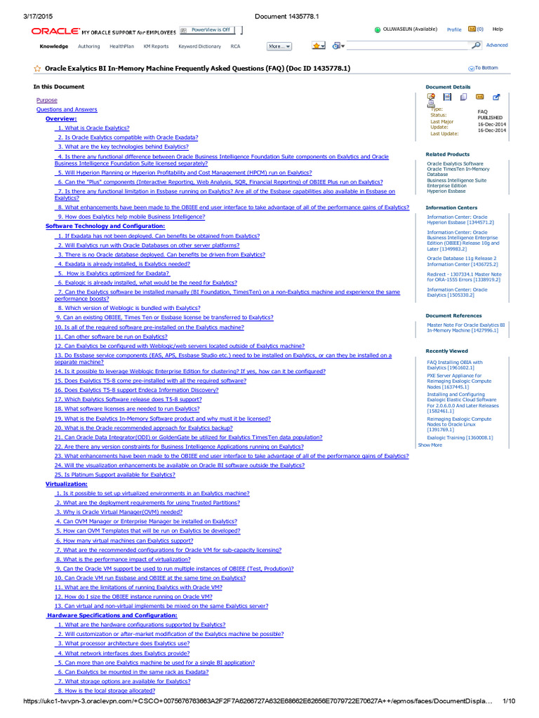 Oracle Exalytics BI In-Memory Machine Frequently Asked Questions (FAQ) (Doc ID 1435778.1) | PDF ...
