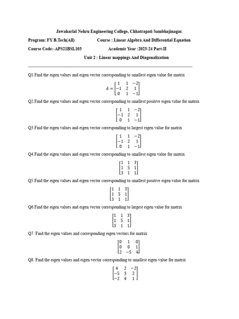 Unit-2 | PDF | Eigenvalues And Eigenvectors | Matrix (Mathematics)