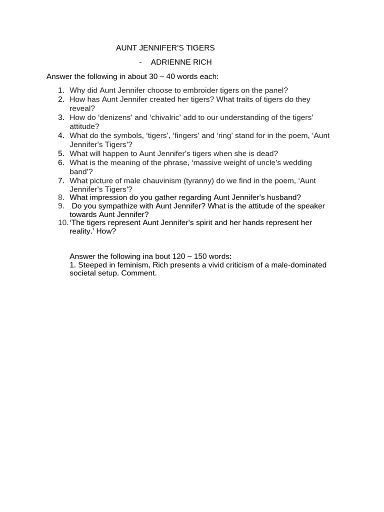 Analysis of Aunt Jennifer's Tigers by Adrienne Rich | PDF