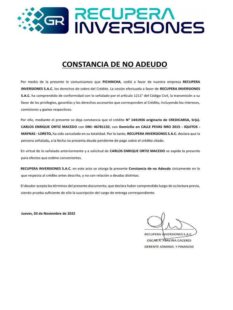 Carta No Adeudo | PDF
