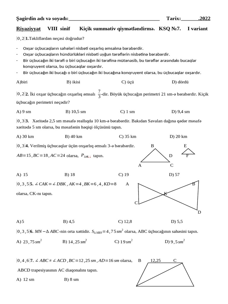 8ci Sinif KSQ 7. 1ci Variant TƏZƏ | PDF