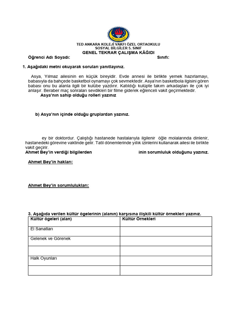 Sosyal Bilgiler Sinav Oncesi Genel Tekrar Odevi | PDF