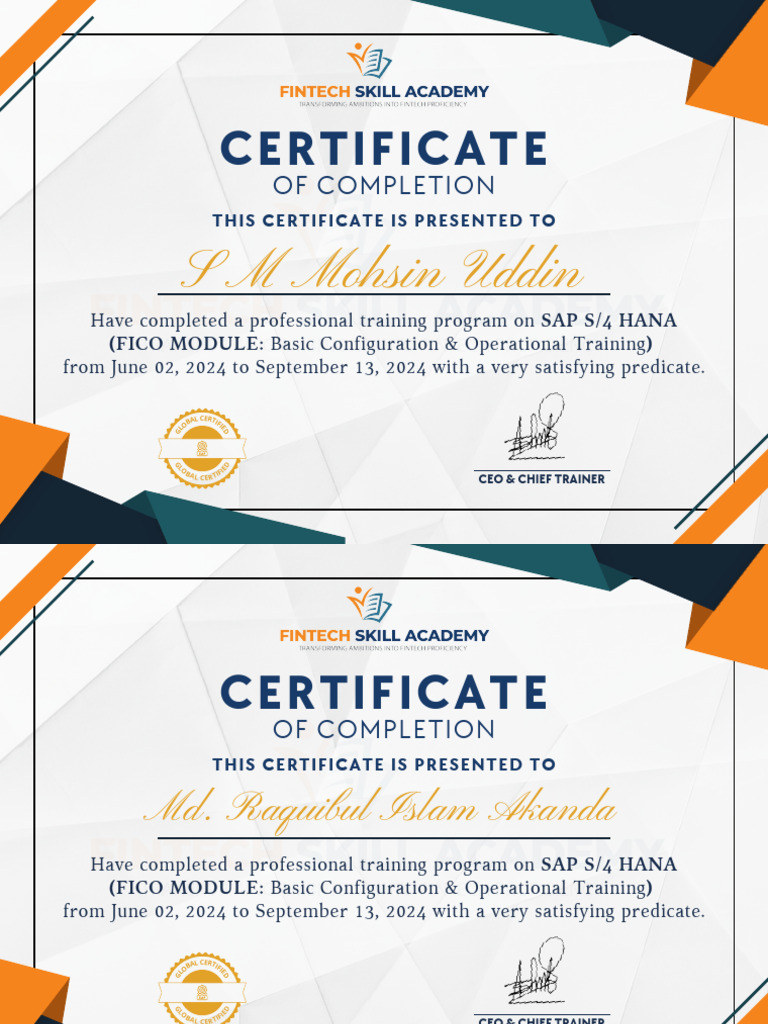 Certificate FSA - SAP S4 HANA (FICO MODULE) (Basic Configuration & Operational Training) | PDF ...
