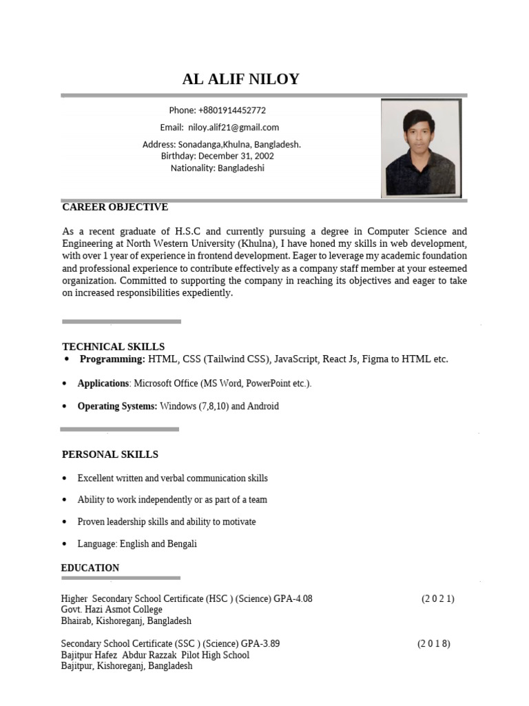 Al Alif Niloy Resume 2024 | PDF | Java Script | Html