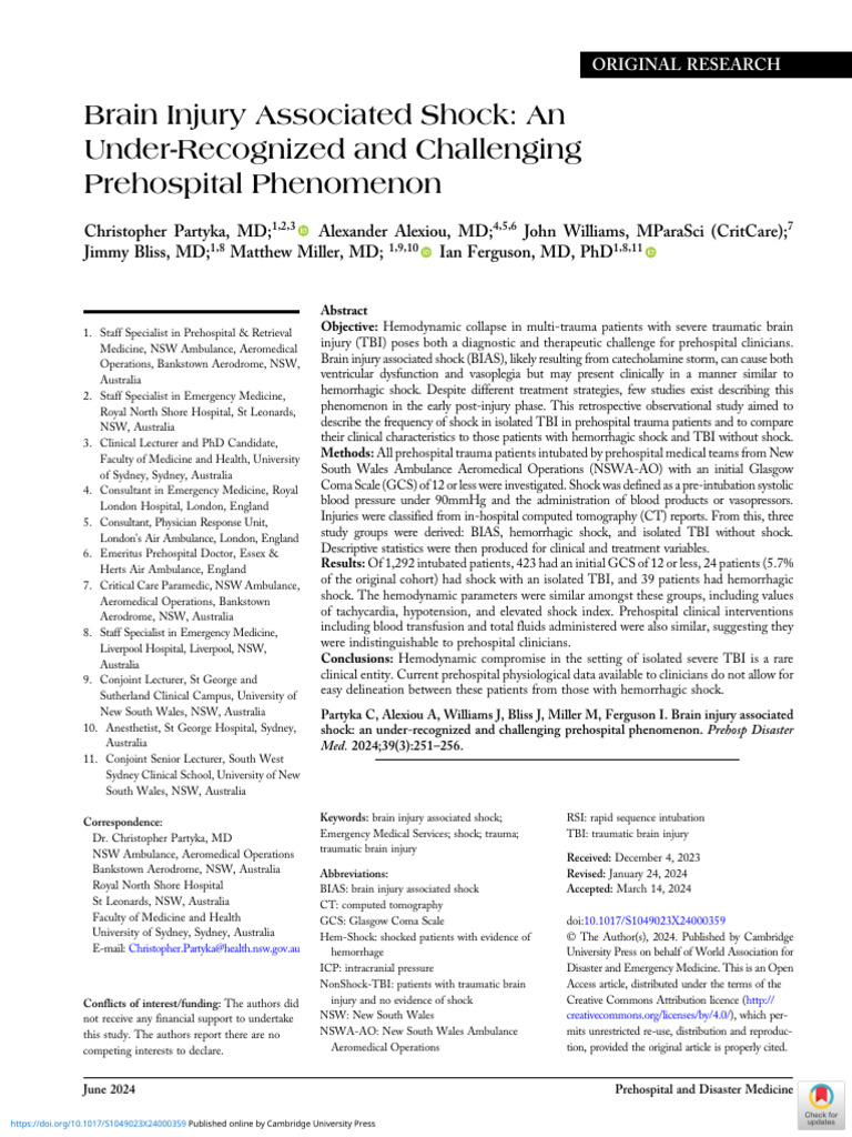 Brain Injury Associated Shock - An Under-Recognized and Challenging Prehospital Phenomenon | PDF ...