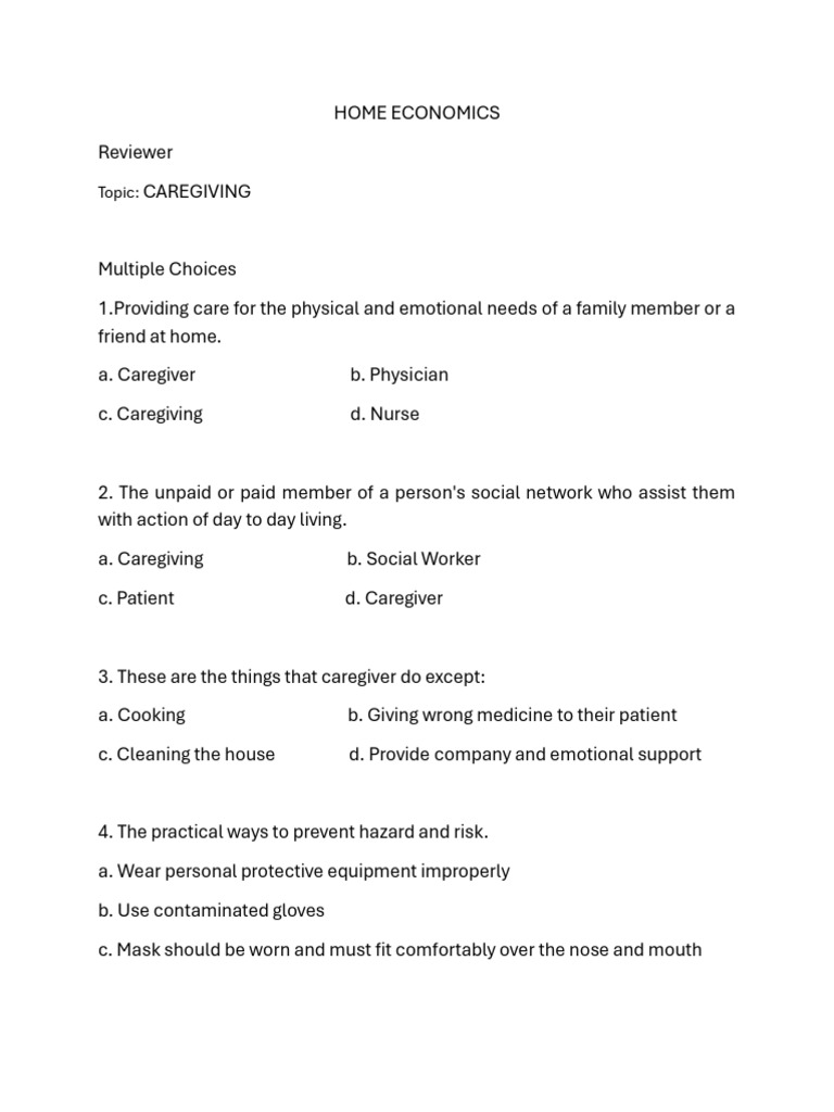 Home Economics Caregiving Quiz | PDF