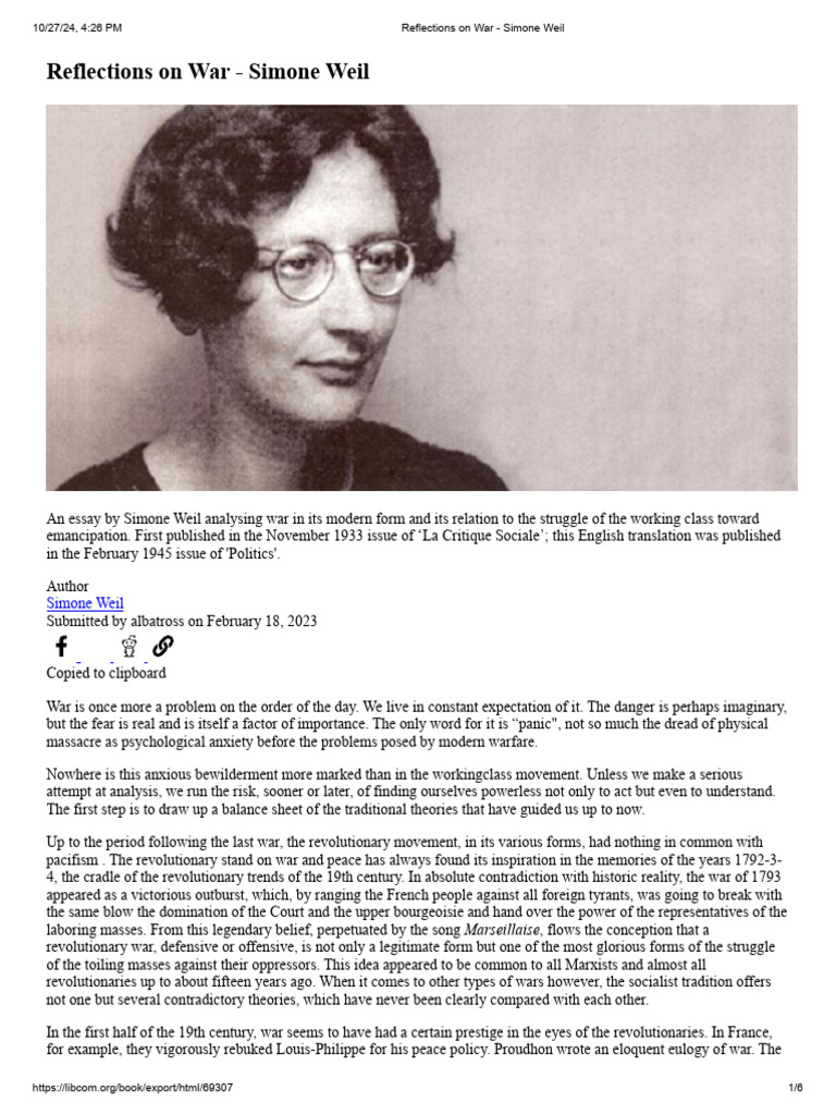1945 - 05 - Reflections On War - Simone Weil | PDF | Vladimir Lenin | Political Science