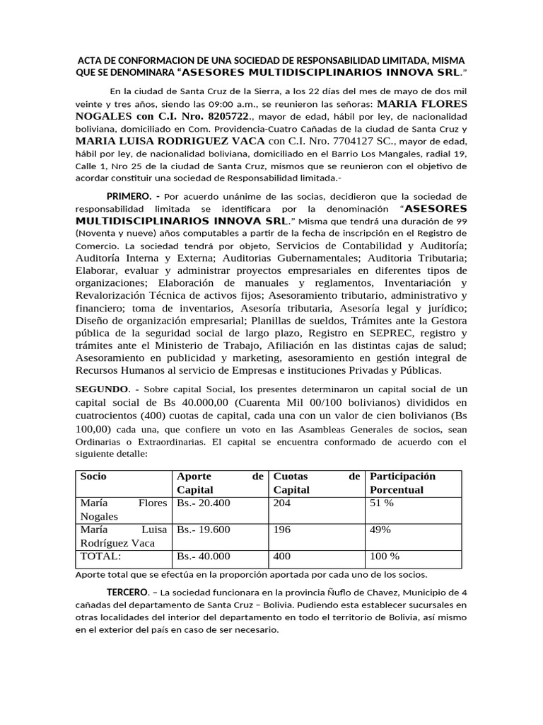 Acta Constitucion ASESORES MULTIDICIPLINARIOS INNOVA SRL | PDF | Auditoría | Bolivia