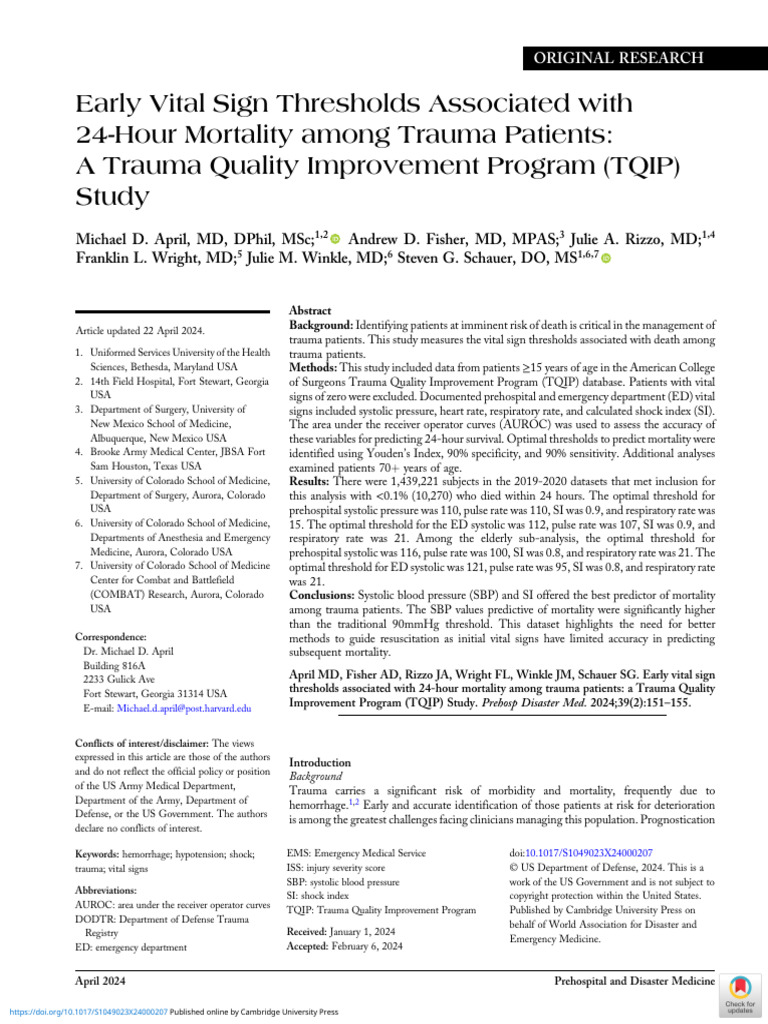 Early Vital Sign Thresholds Associated With 24-Hour Mortality Among ...