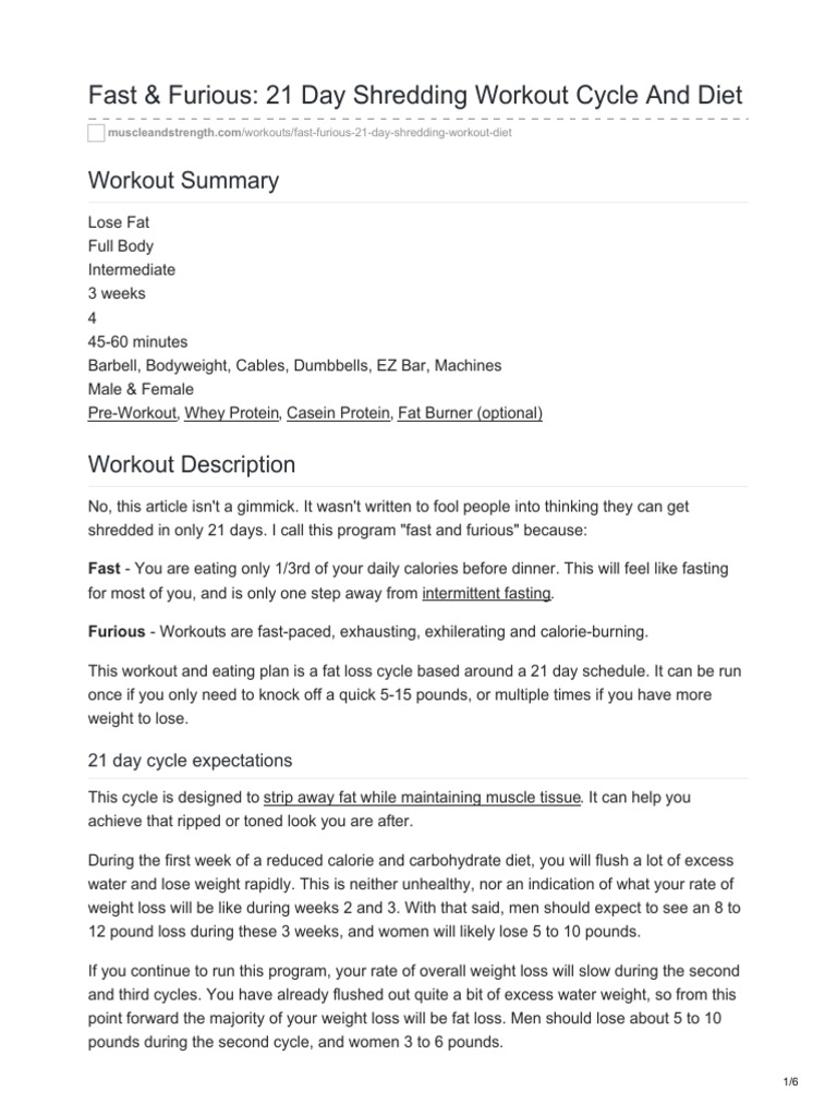 21 Day Shredding Workout Cycle and Diet | PDF | Aerobic Exercise | Strength Training