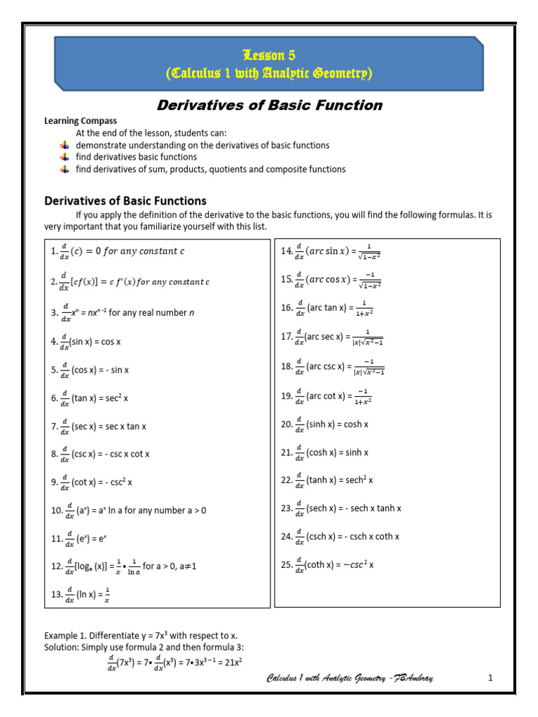 Lesson 5 Derivatives of Basic Functions | PDF | Derivative | Trigonometric Functions