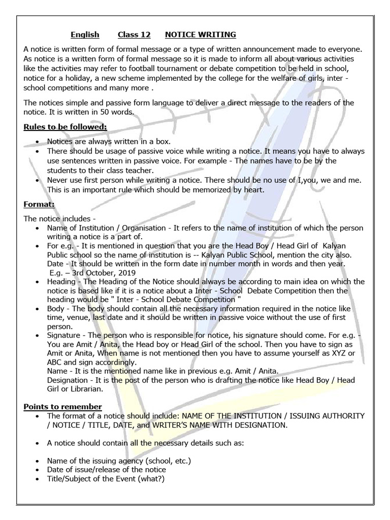 Notice Writing Guidelines for Class 12 | PDF