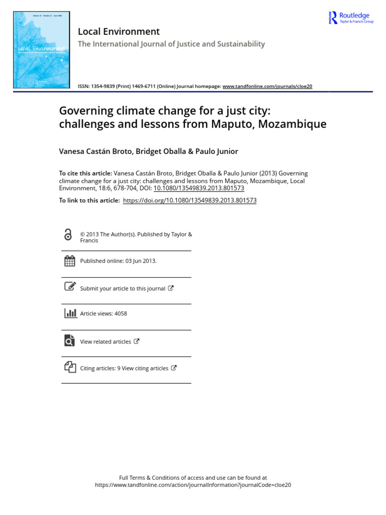 Governing Climate Change For A Just City Challenges and Lessons From Maputo Mozambique | PDF ...
