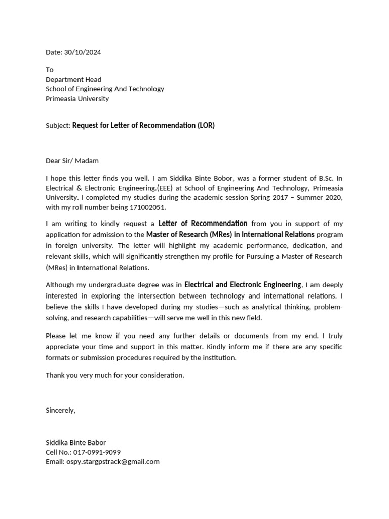 Request For Letter of Recommendation (LOR) | PDF