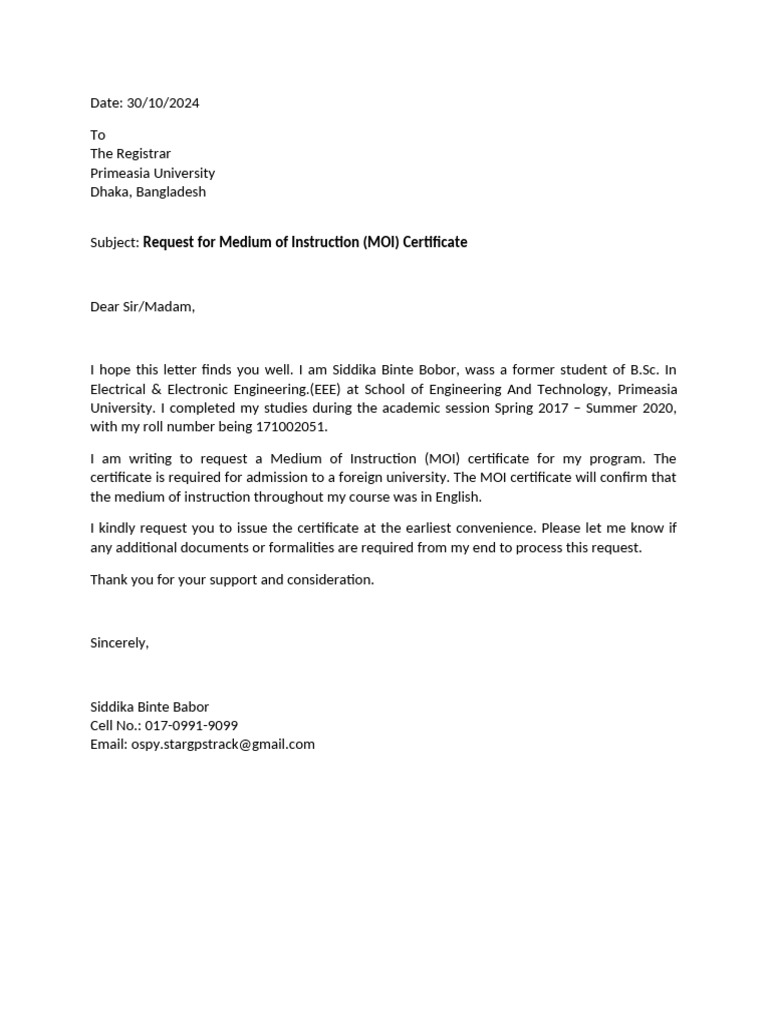 Request for MOI Certificate from University | PDF