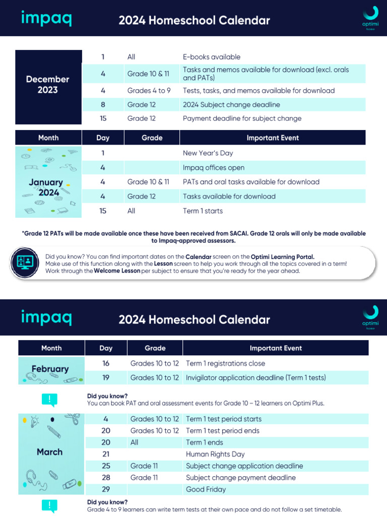Impaq Homeschooling Calendar 2024 | PDF