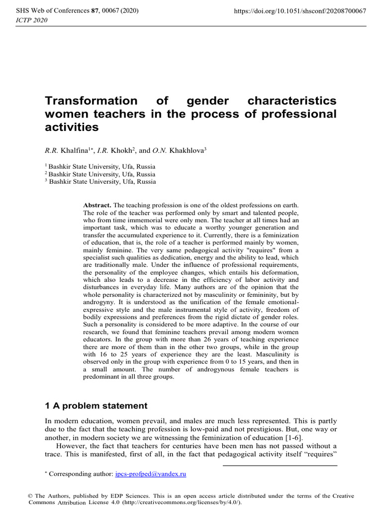 Gender Characteristics of Women Teachers | PDF | Self Esteem ...