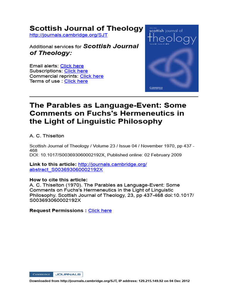 PArable-Language Event Thiselton STJ123 | PDF | Hermeneutics | Proposition