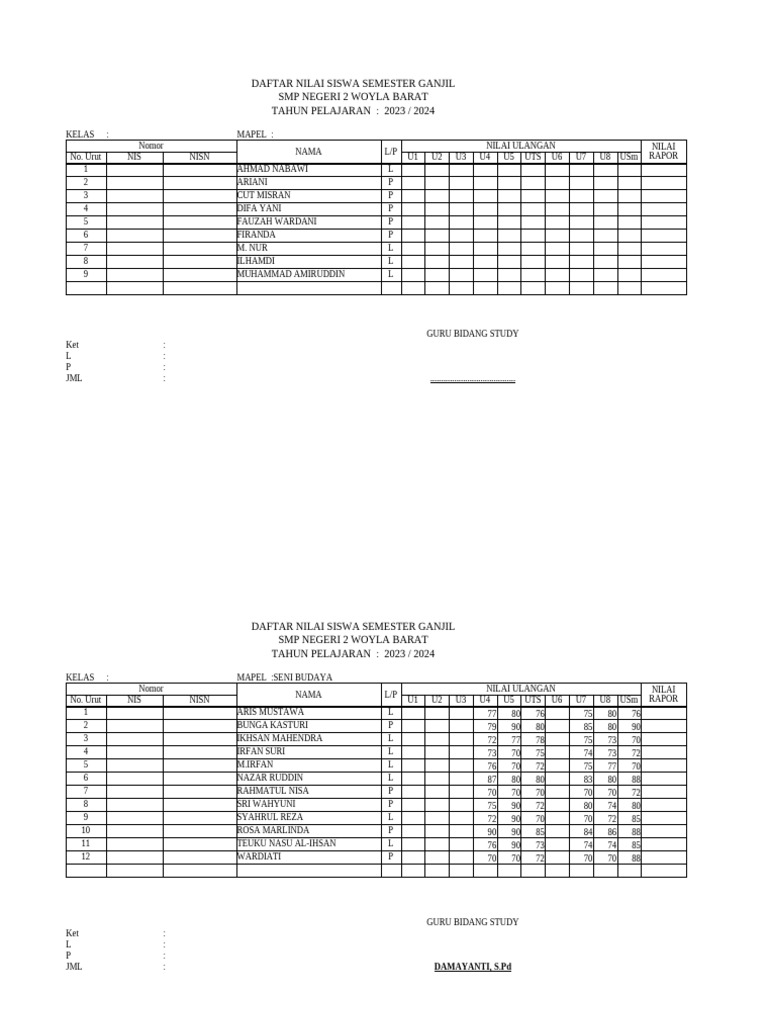 Blangko Nilai Semester Ganjil 2023-2024 | PDF
