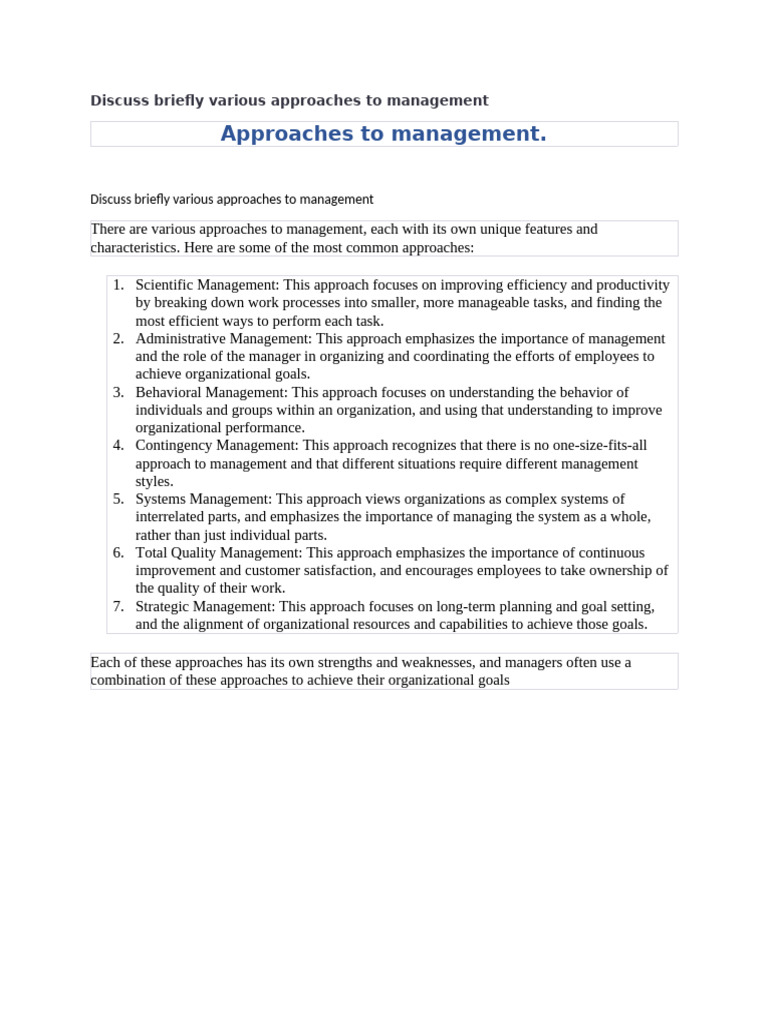 Discuss Briefly Various Approaches To Management | PDF