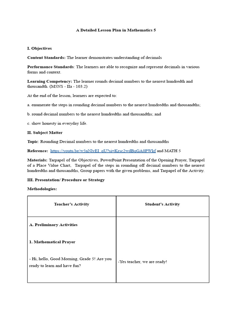 A Detailed Lesson Plan in Mathematics 4 | PDF | Lesson Plan | Numbers