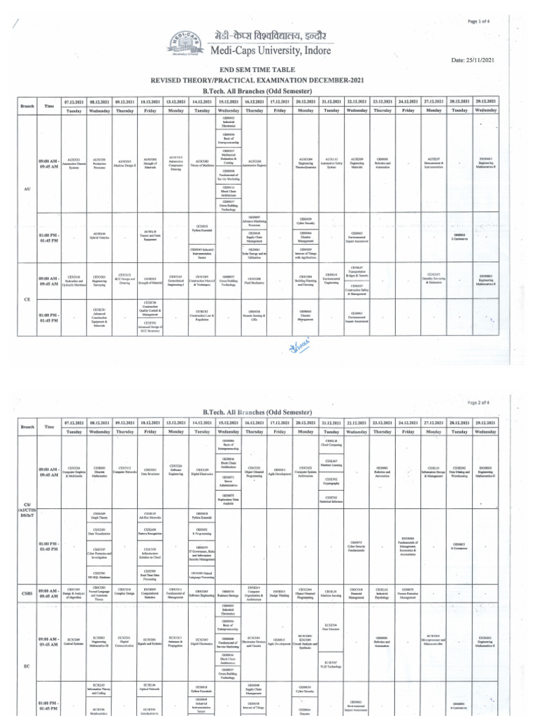 B. Tech Theory Time Table | PDF