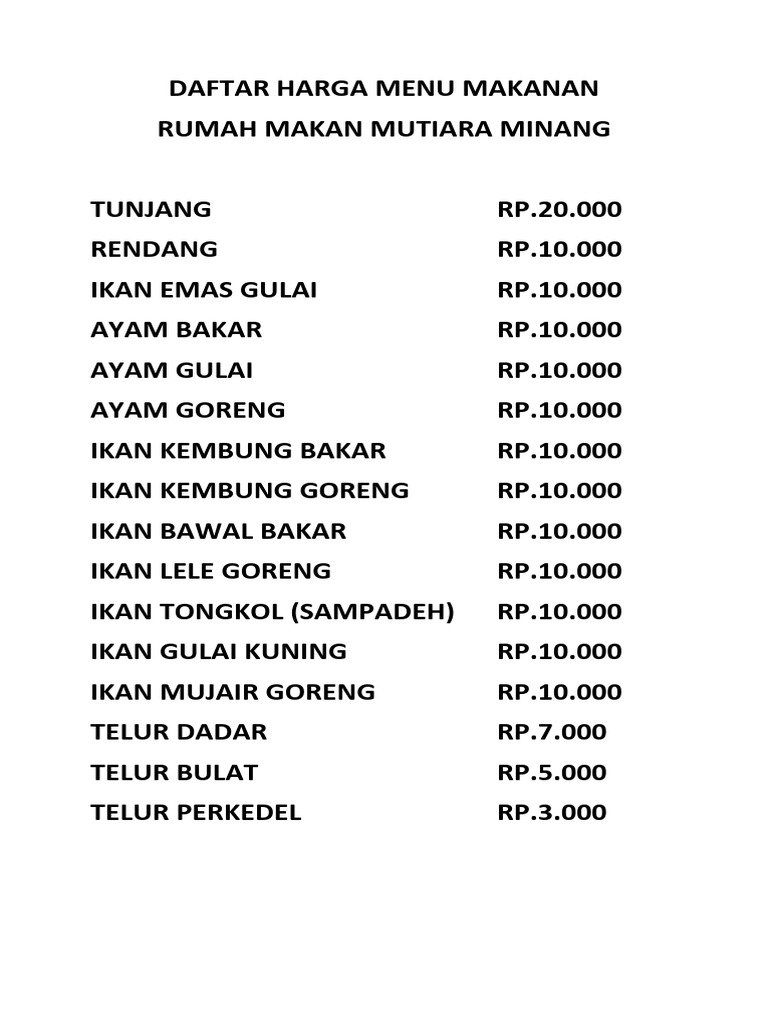 Daftar Harga Menu Makanan (Lauk) | PDF
