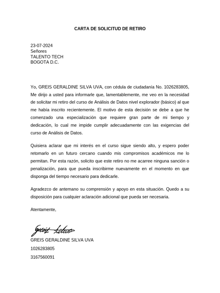 Carta de Solicitud de Retiro | PDF | Crecimiento personal y profesional