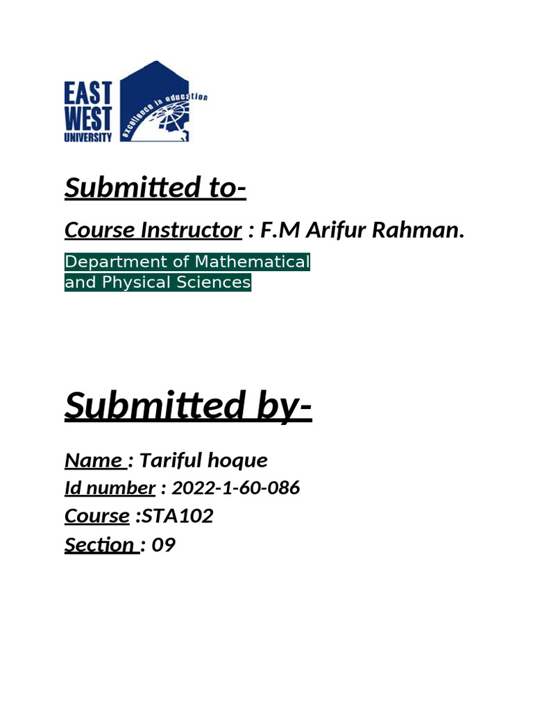 STA-102 Assignment-01 Problems Solution-Corrected copyID - (2022-1-60-086) | PDF