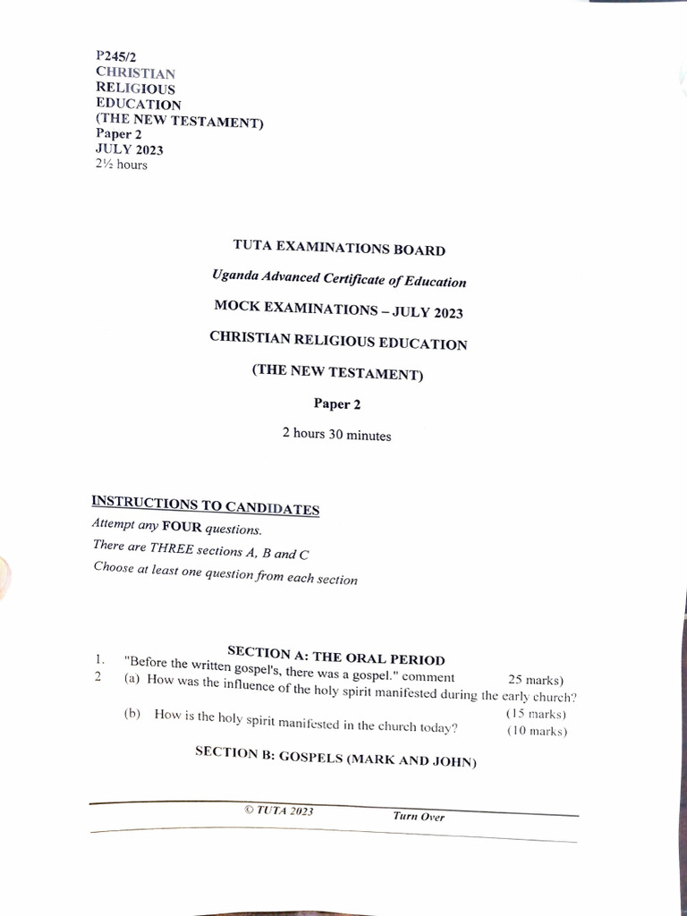 Divinity Paper 2 Tuta Examination Board 2023 S.6 | PDF | Gospel Of John ...