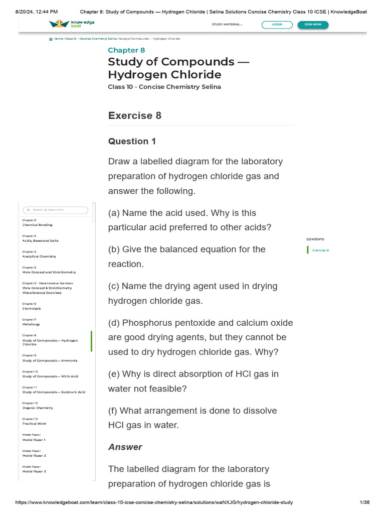 Chapter 8 - Study of Compounds - Hydrogen Chloride - Selina Solutions ...