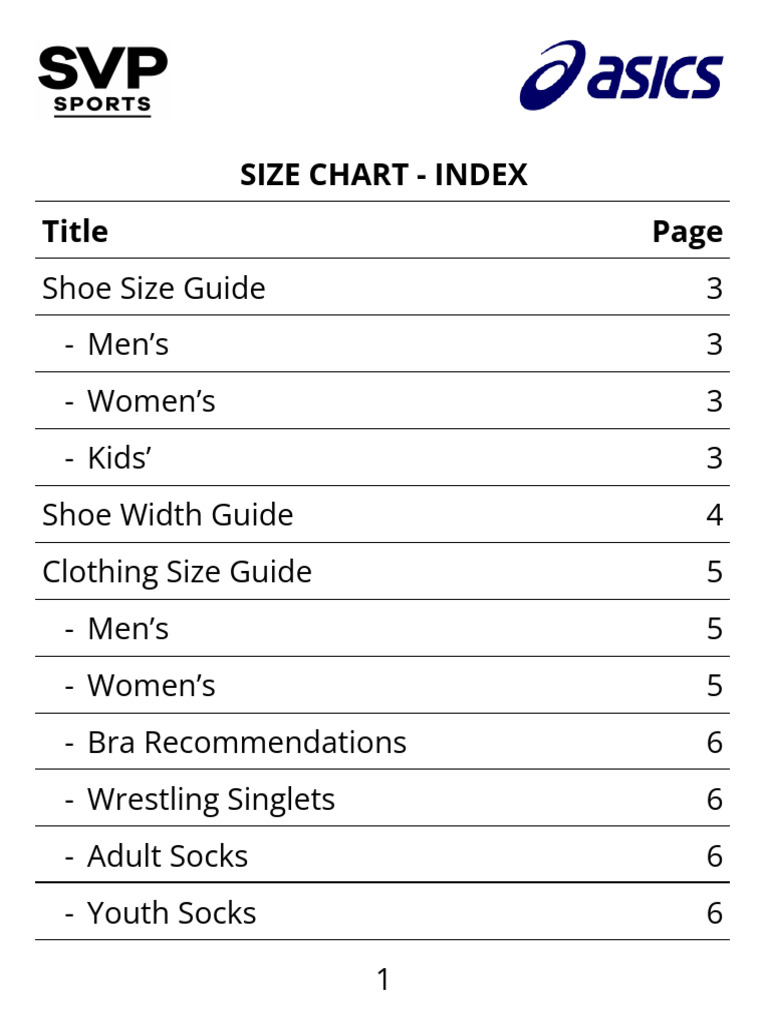 SVP Sports Size Chart Asics | PDF