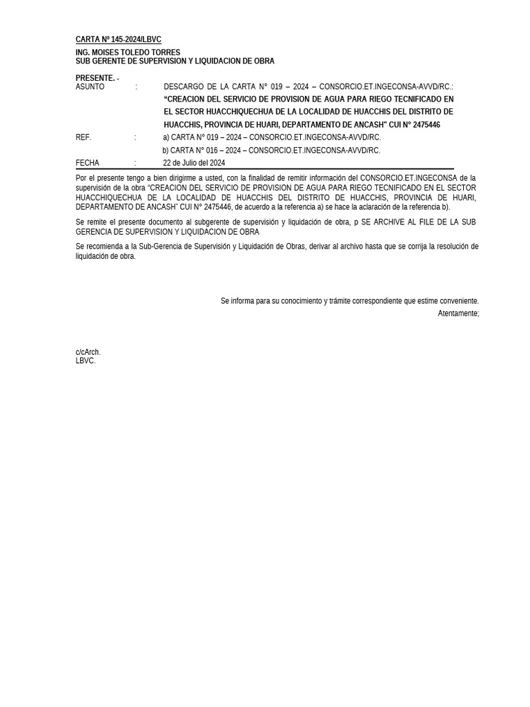 Carta #145-2024 LBVC Derivo Documentacion Al File de Obra | PDF ...