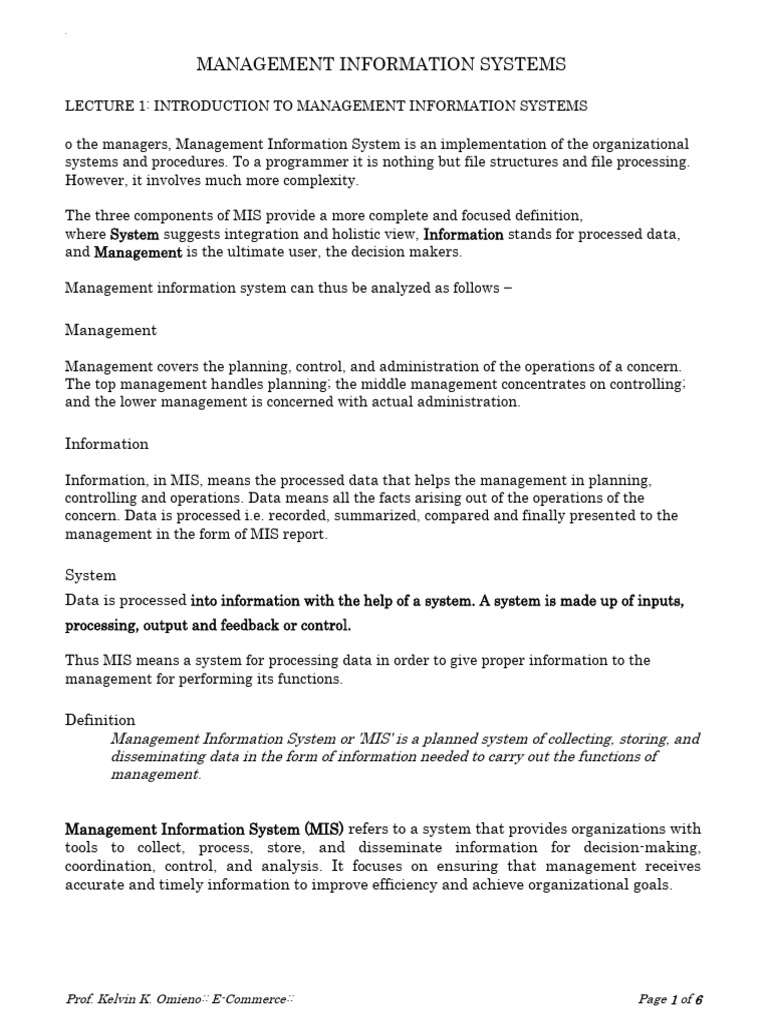 BBT 4301 - MIS Lecture 1 | PDF | Information | Management Information System