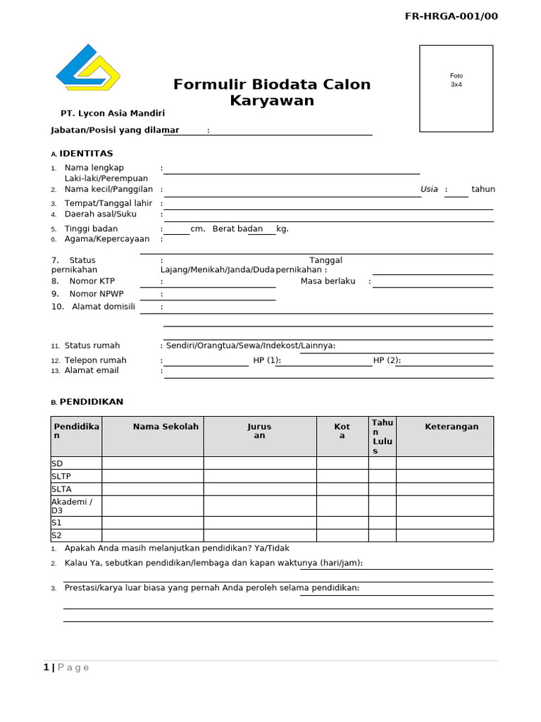 FR-HRGA-001 Formulir Biodata Calon Karyawan | PDF