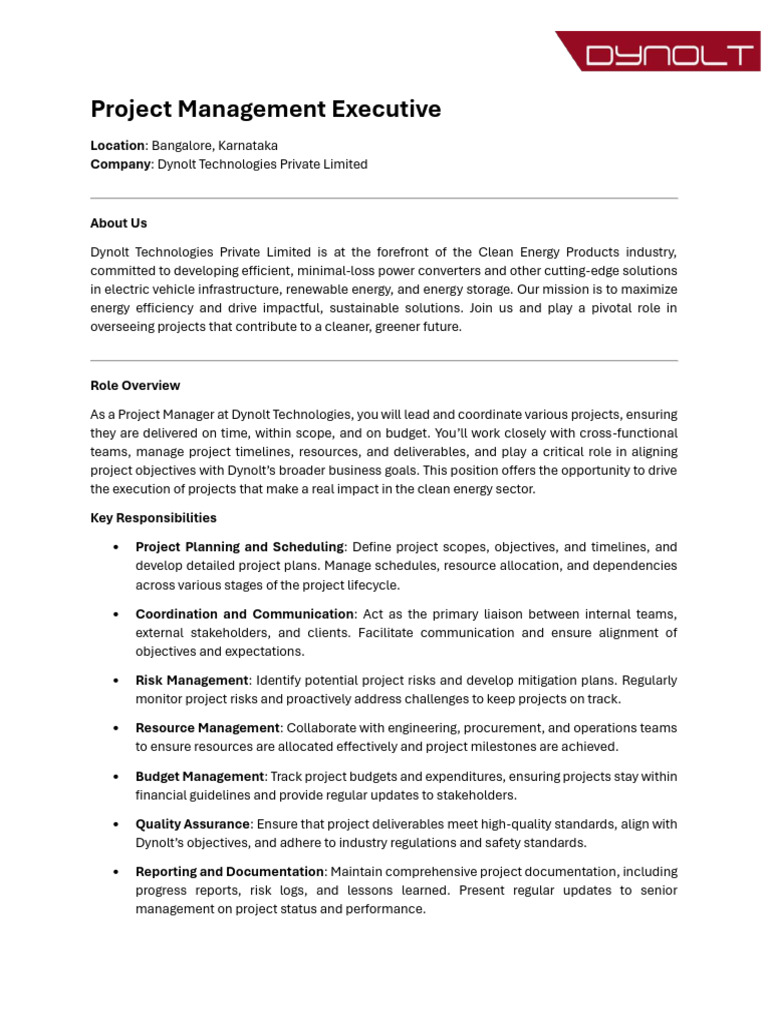 Project Manager Role at Dynolt Technologies | PDF | Project Management ...