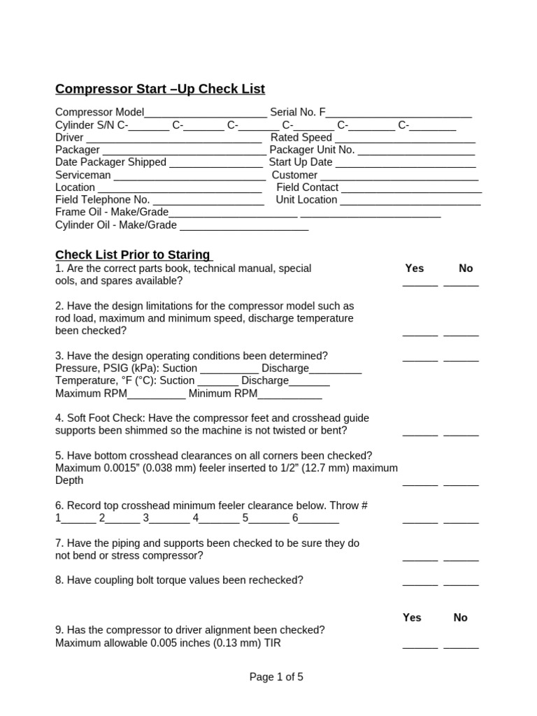Compressor Start-Up Checklist | PDF | Valve | Lubricant