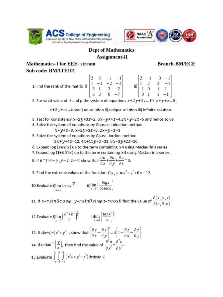 Dept of Mathematics Assignment-II Mathematics-I For EEE-stream Branch ...