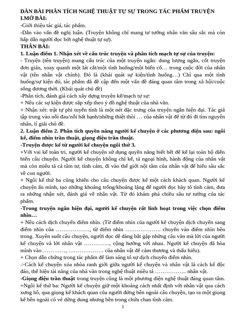 Dàn bài PHÂN TÍCH NGHỆ THUẬT TỰ SỰ | PDF