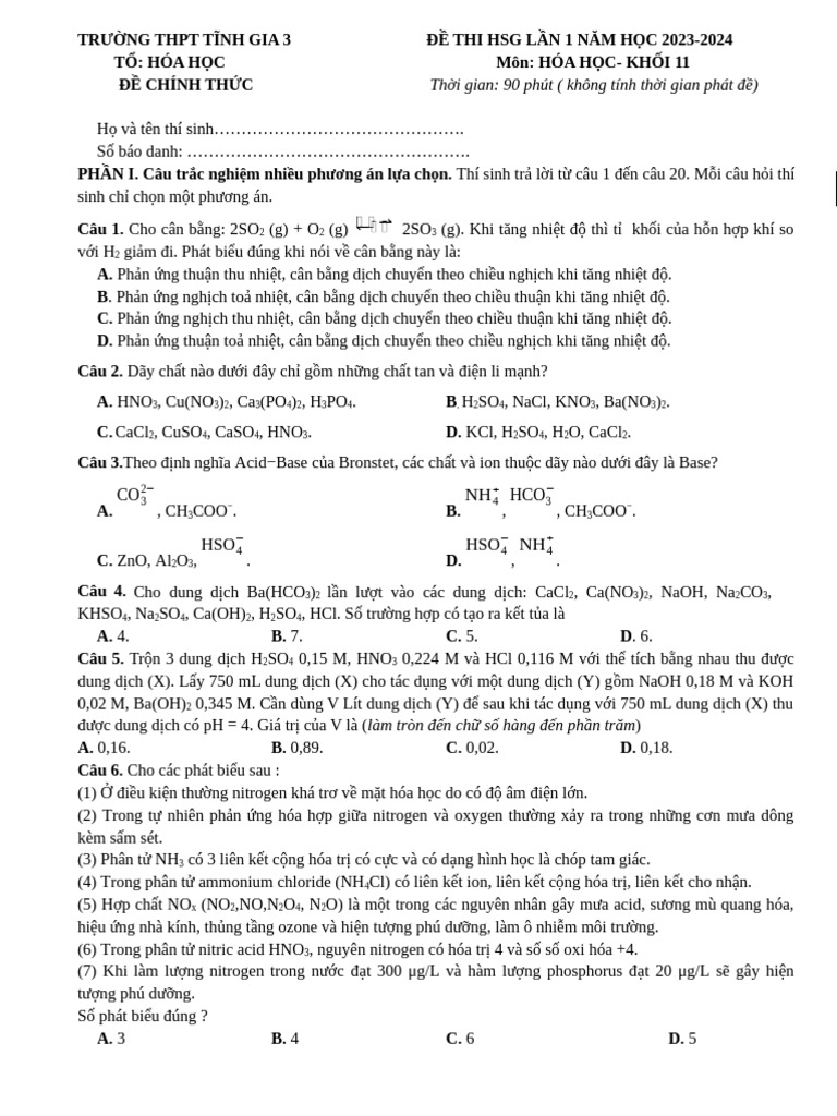 14- ĐỀ HSG KHỐI 11 - Tĩnh Gia 3 | PDF