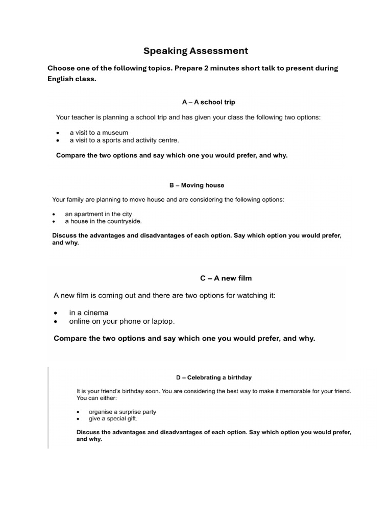Speaking Assessment: Choose One of The Following Topics. Prepare 2 ...