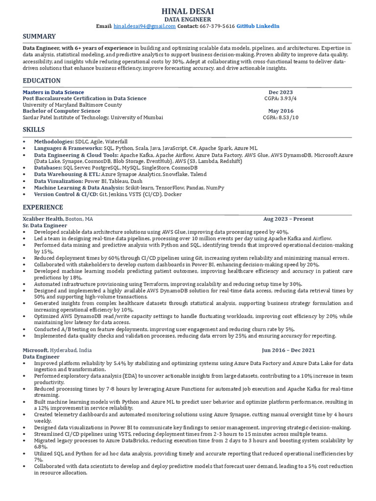 Hinal - Data Engineer - Resume | PDF | Microsoft Azure | Machine Learning