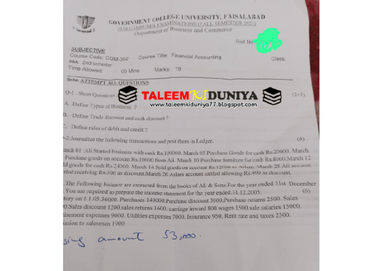 BBA 2nd Semester Papers 2021 Gcuf | PDF