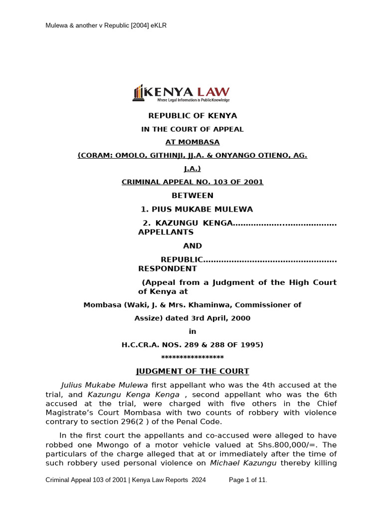 Pius Mukabe Mulewa and Anor V Republic | PDF | Judgment (Law) | Appeal