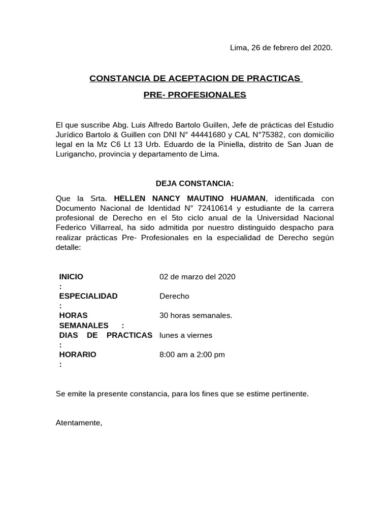 Constancia de Aceptacion de Practicas Pre. | PDF